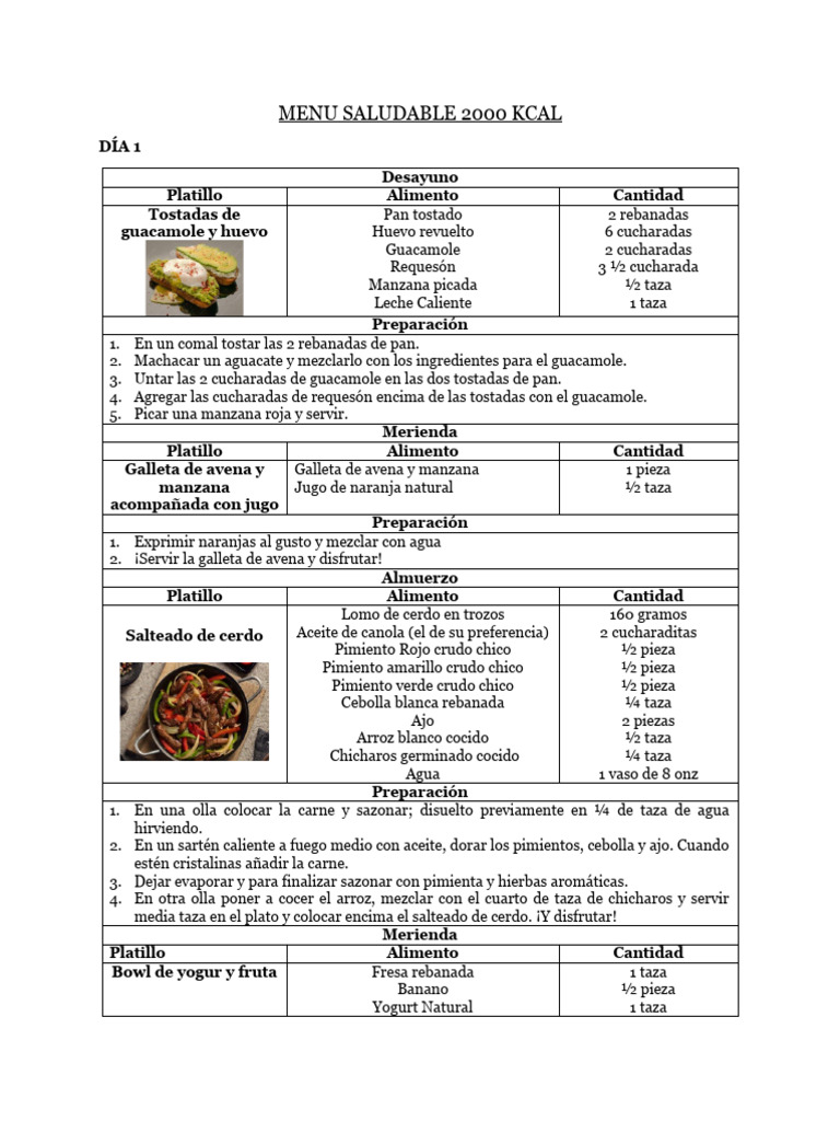 Menu Saludable 2000 Kcal | PDF
