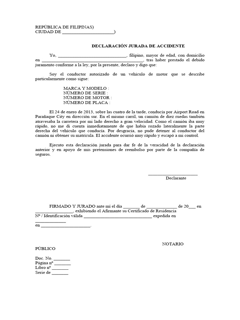 Declaración Jurada de Accidente - Plantilla | PDF