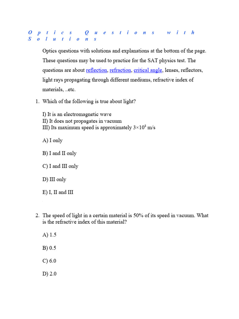 Optics Questions With Solutions | PDF