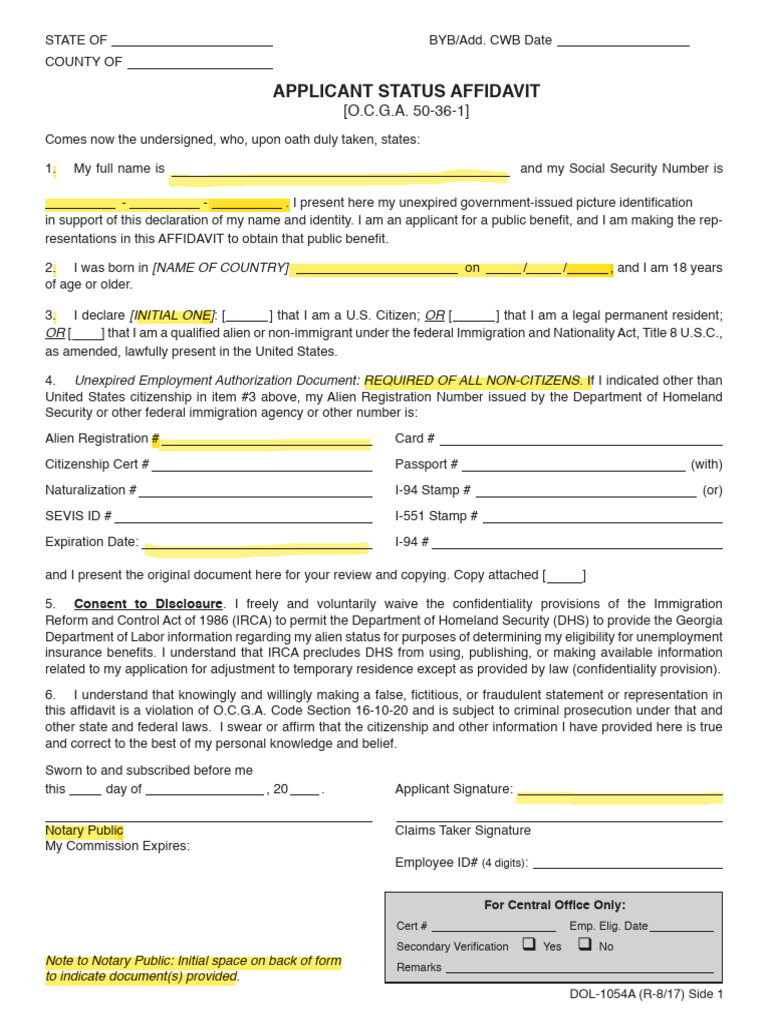 Applicant Status Affidavit - Dol1054a | PDF