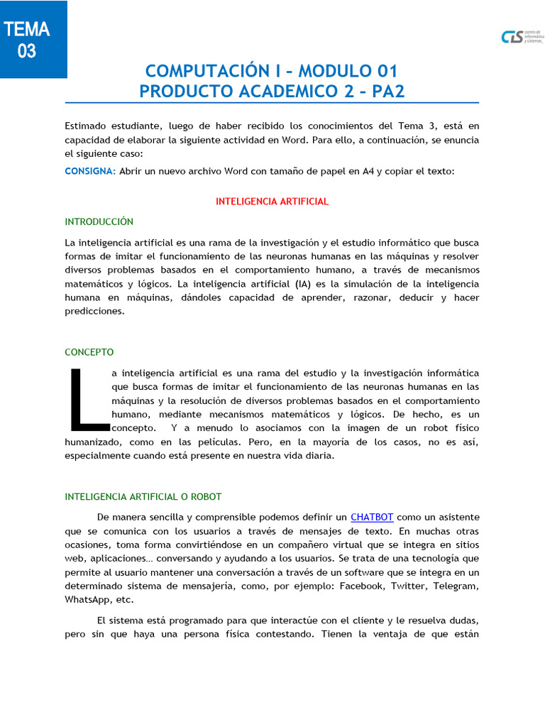 Tema 03: Computación I - Modulo 01 Producto Academico 2 - Pa2 | PDF | Inteligencia artificial ...