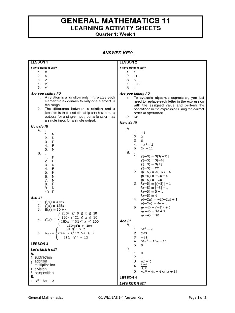 GenMath q1 WK 1 LAS No. 1-4 Answer Key | PDF | Function (Mathematics) | Mathematics