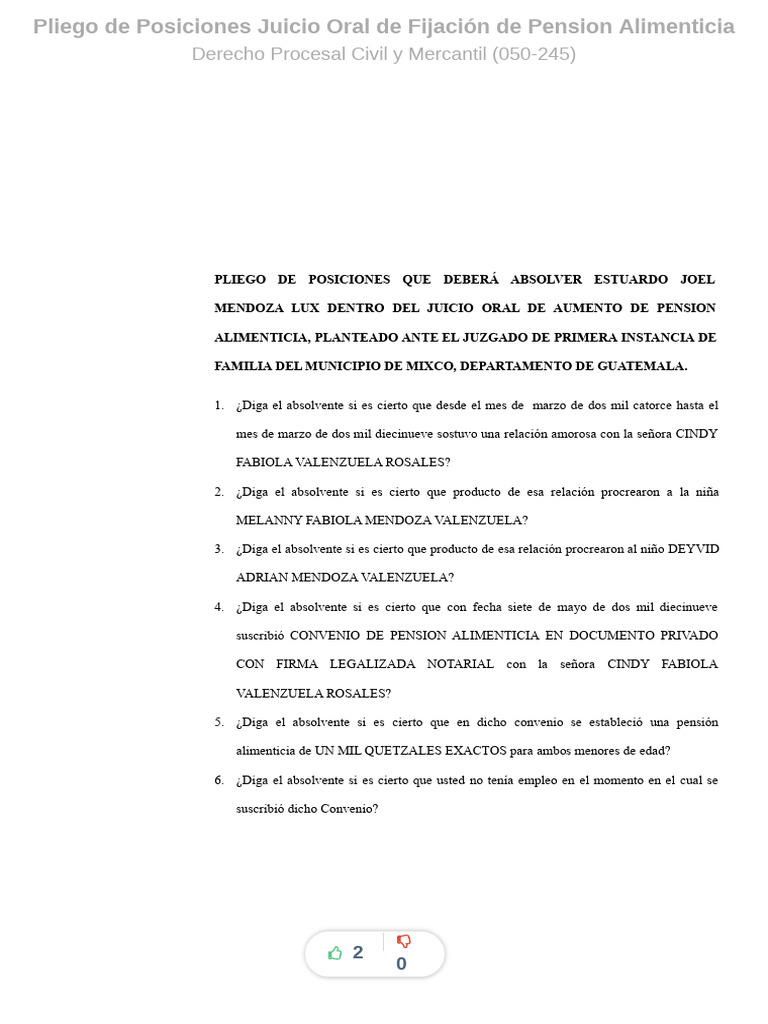 Pliego de Posiciones Juicio Oral de Fijacion de Pension Alimenticia - Compress | PDF