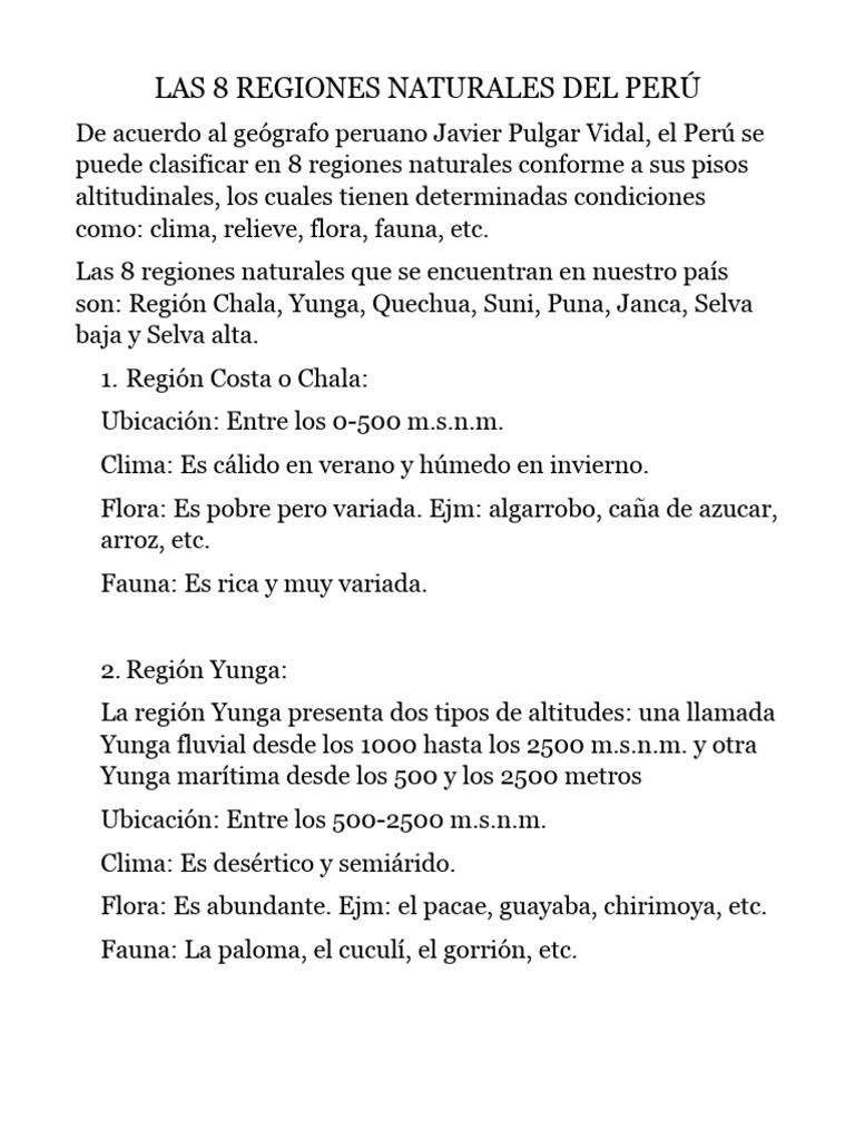 Las 8 Regiones Naturales Del Perú | PDF
