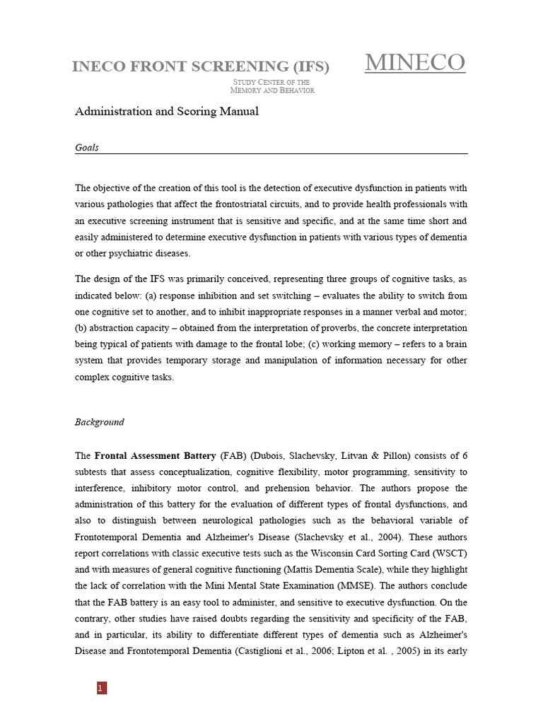 Ineco Frontal Screening IFS MANUAL To Print | PDF | Dementia | Frontal Lobe