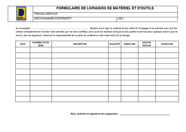 Formulaire de Livraison de Matériel | PDF
