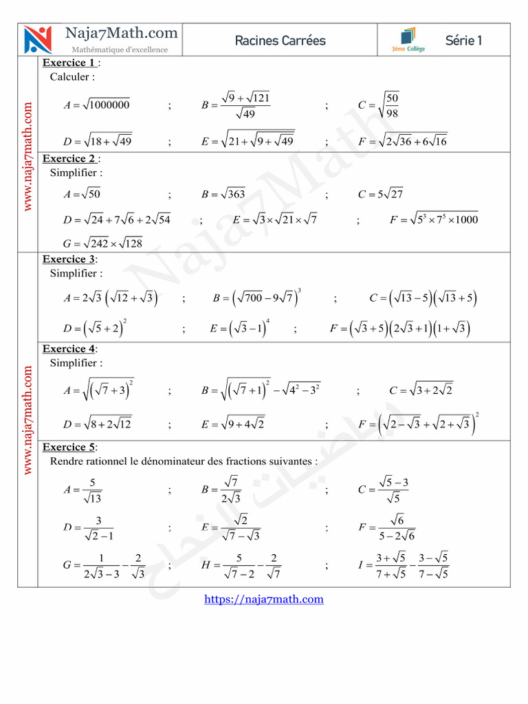 Racines Carrées-Serie D'exercices N° 1 | PDF