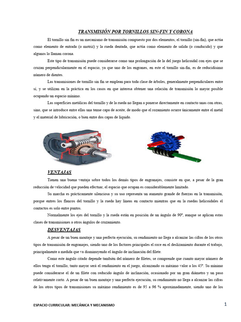 Funcionamiento del Tornillo Sin Fin | PDF | Engranaje | Tornillo