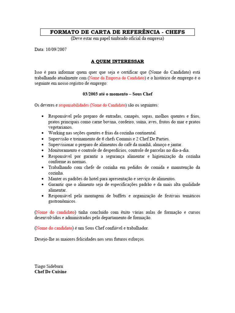5 Formato de Carta de Referência - Chefs | Download grátis PDF | Chef ...