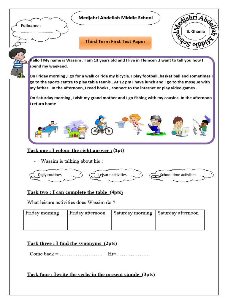 1MS - Third Term Test - Final Period - 2nd G - Leisure Time by Ghanou | PDF