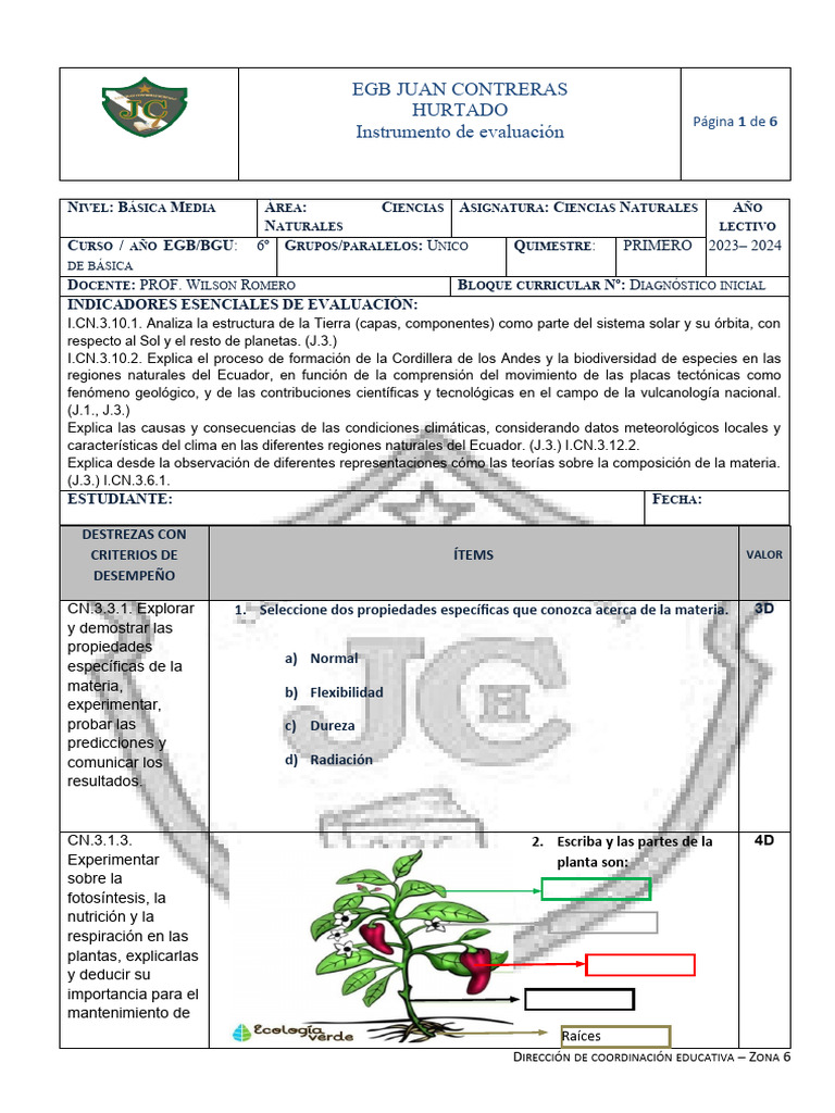 Evaluación Diagnóstica CCNN 2023 - 2024 | PDF | Importar | Ecosistema