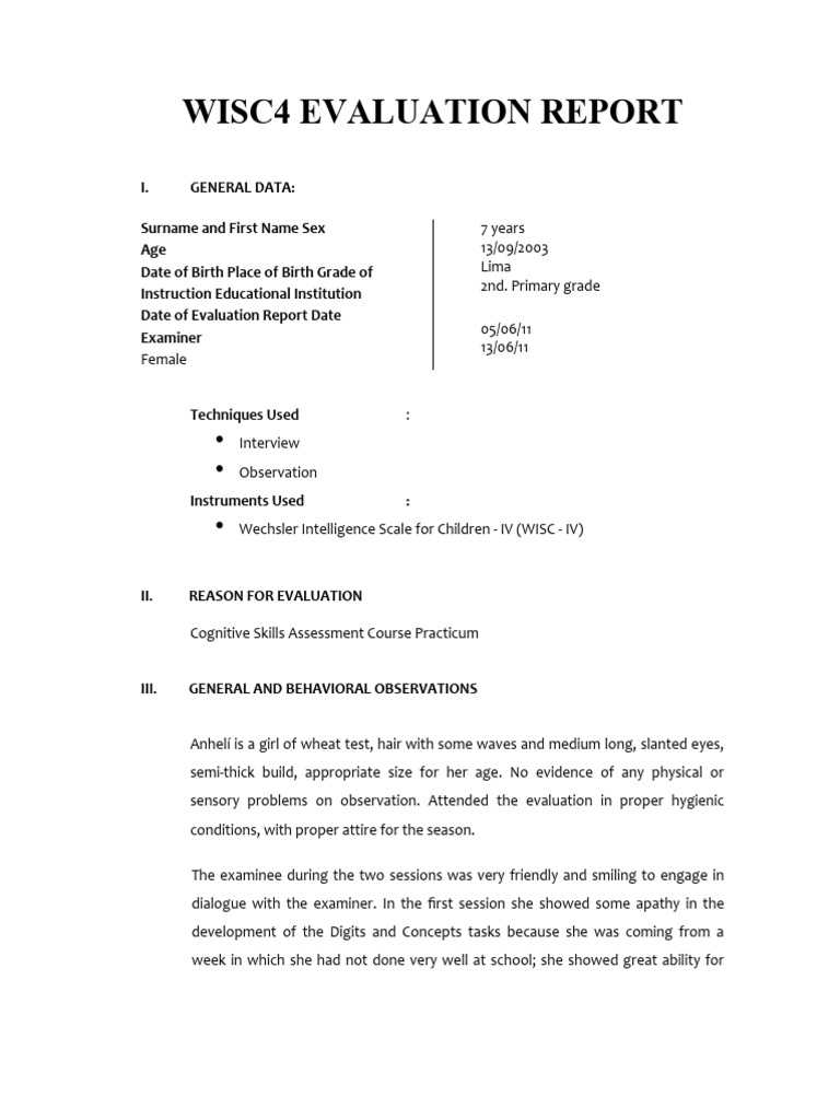 Wisc IV Report | PDF | Attention | Perception