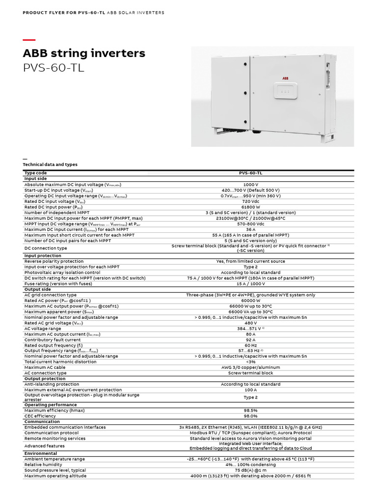 Ficha Técnica ABB PVS 60 TL | PDF