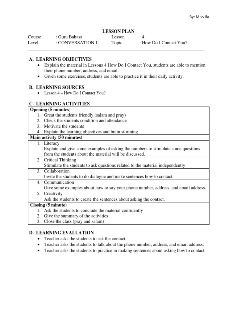 Lesson Plan Conv 1a - Lesson Day 4 | PDF