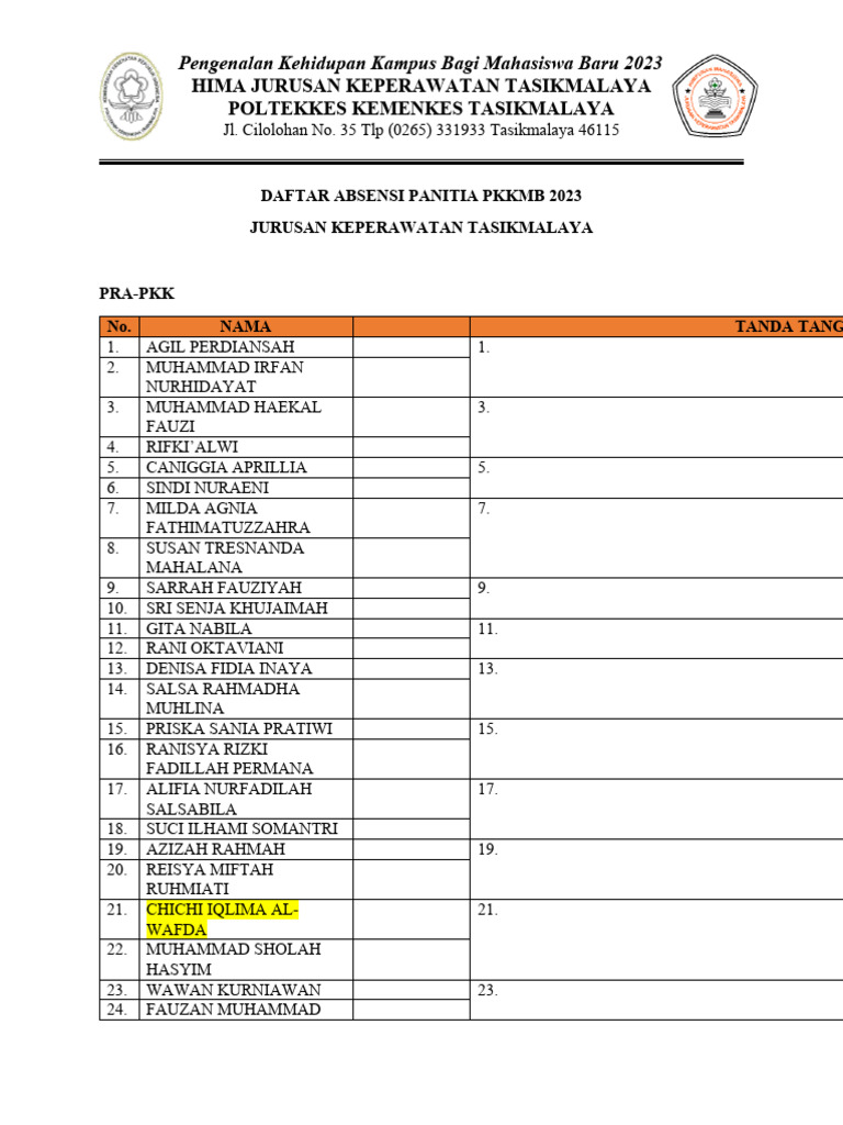 ABSENSI PESERTA PKKMB 2023 | PDF