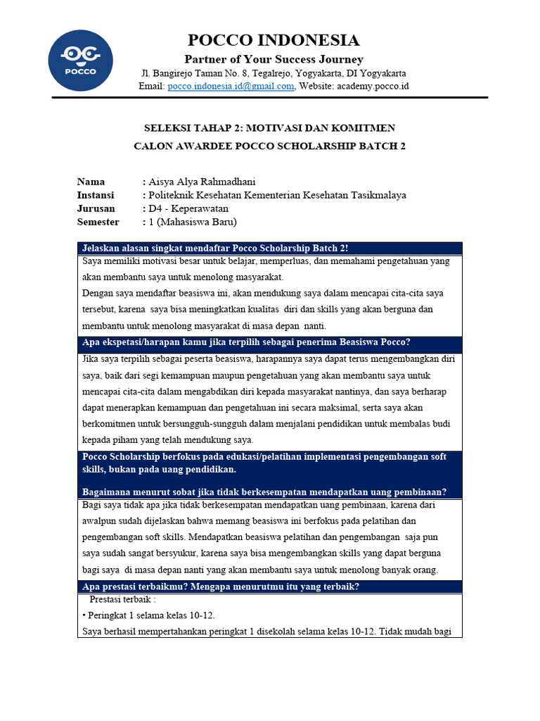 Seleksi Tahap 2 Pocco Scholarship Batch 2 | PDF