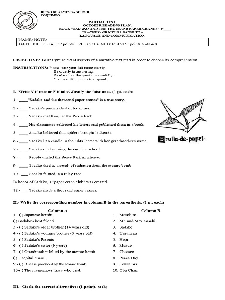 Evaluation Sadako and The Thousand Paper Cranes 6°ABC 2015 | PDF