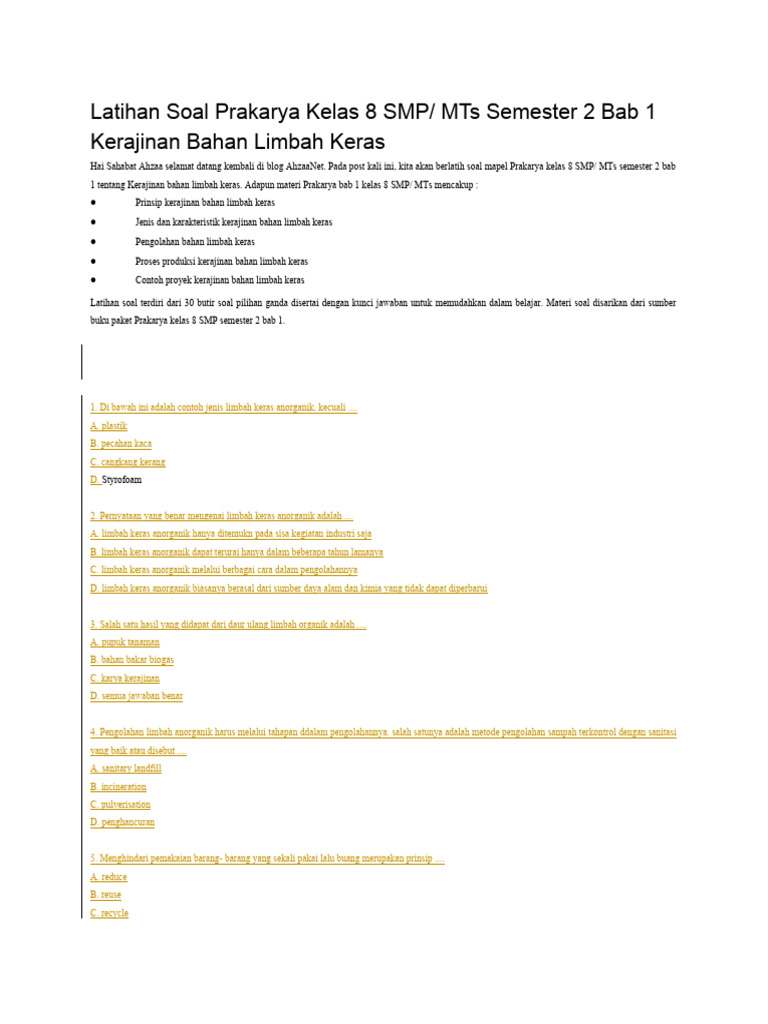 Latihan Soal Prakarya Kelas 8 SMP SMT 2 | PDF | Griya & Taman | Teknologi & Rekayasa