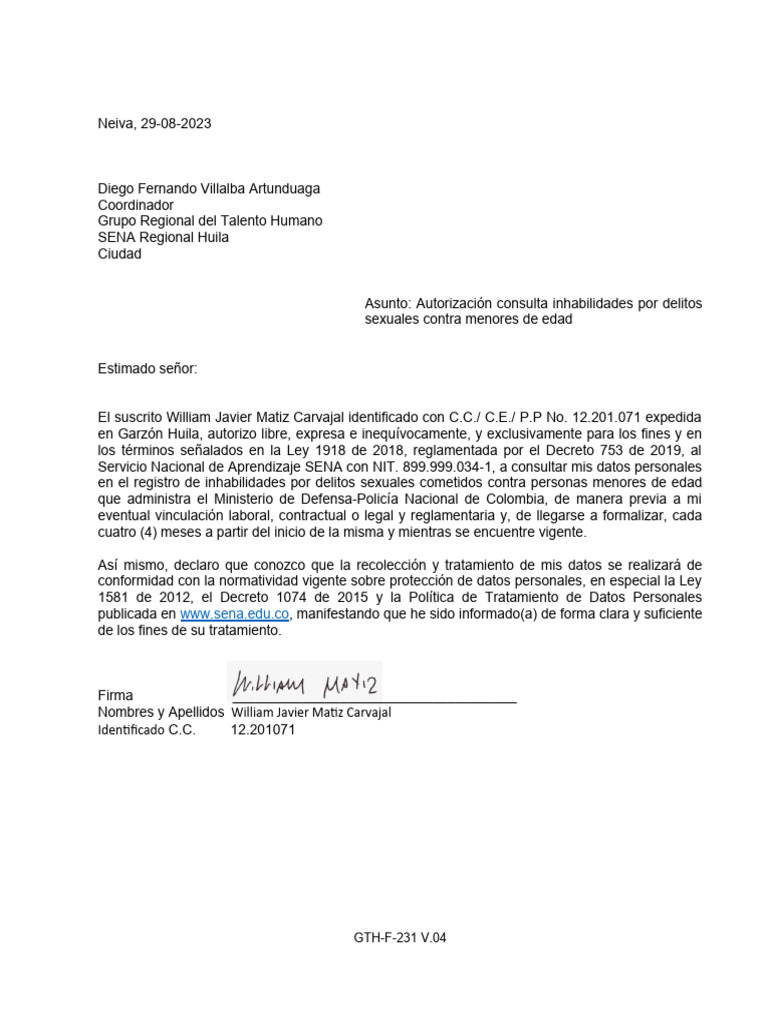 GTH-F-231 V4 Formato Autorizacion Consulta Inhabilidades Delitos Sexuales | PDF