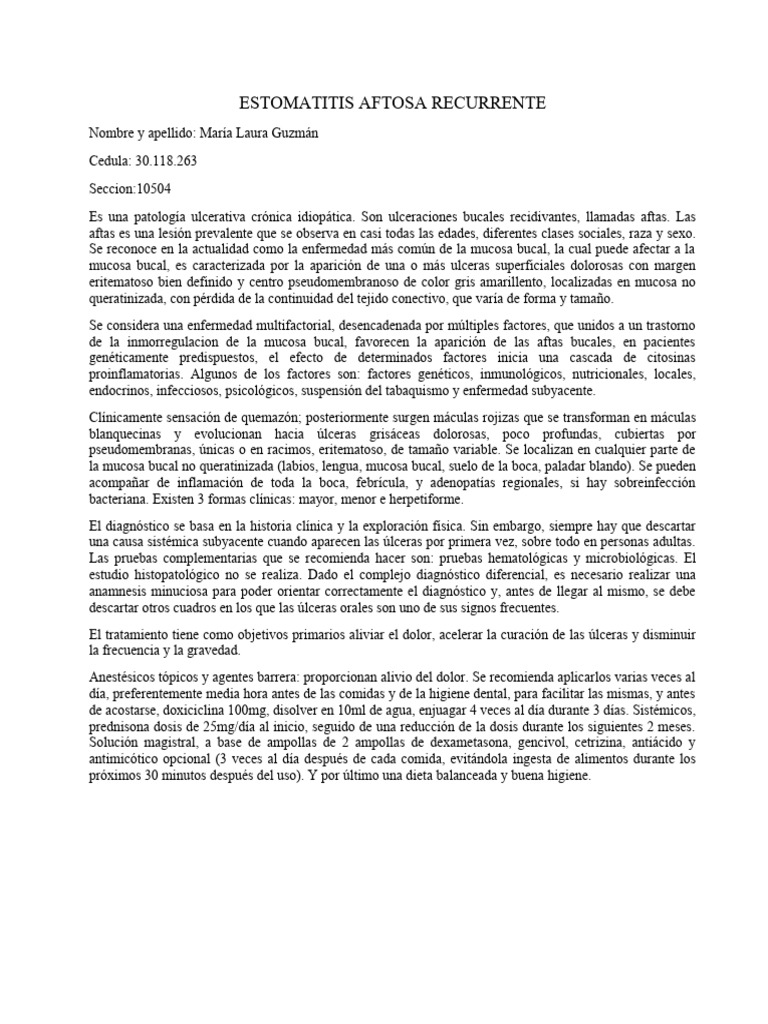 ESTOMATITIS AFTOSA RECURRENTE Trabajo | PDF
