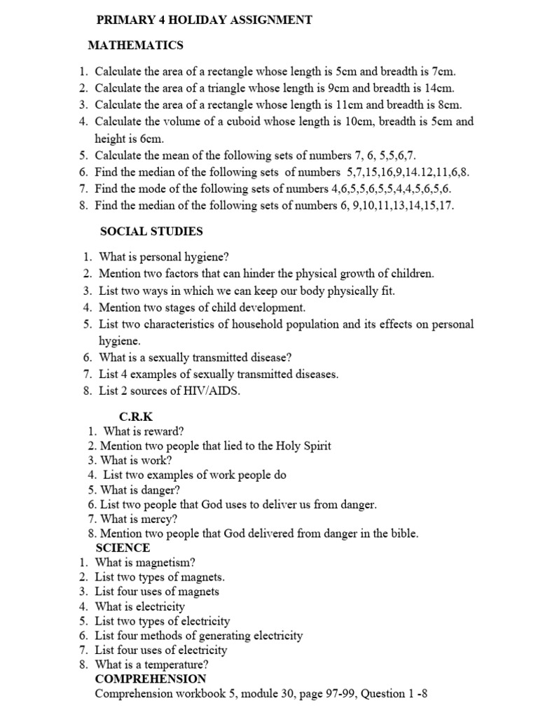 Primary 4 Holiday Assignment | PDF | Science & Mathematics