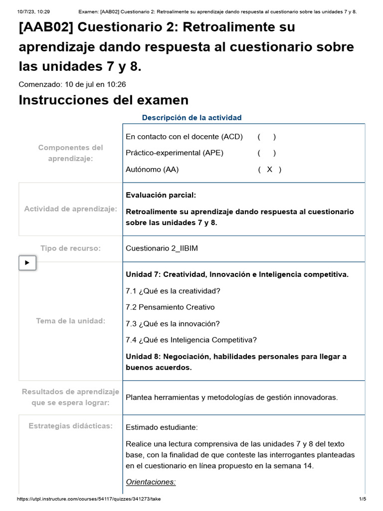 Examen - (AAB02) Cuestionario 2 - Retroalimente Su Aprendizaje Dando Respuesta Al Cuestionario ...