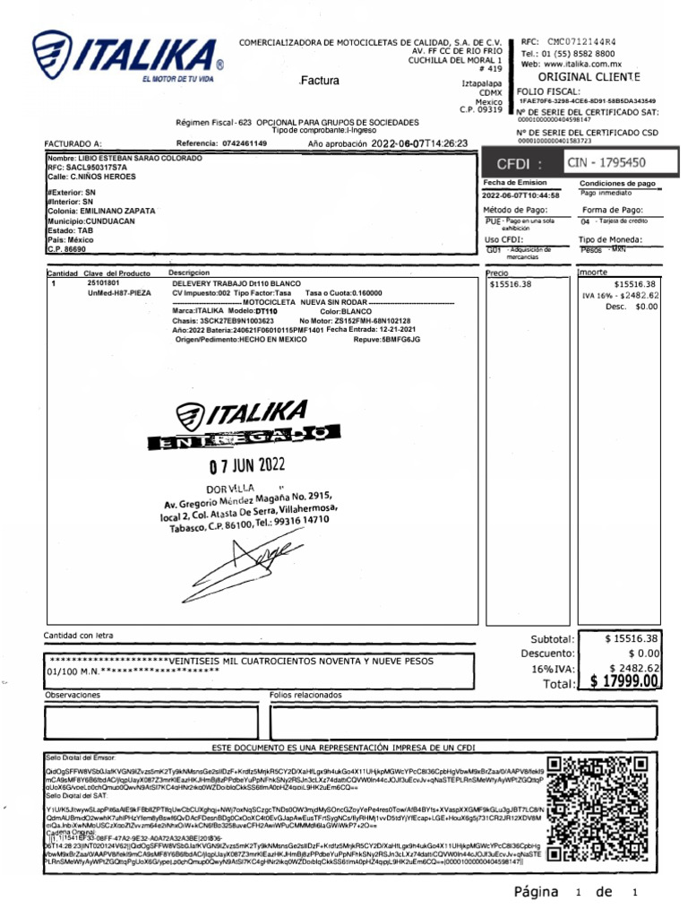 Factura Italika Original 2 | PDF | Pagos | Dinero