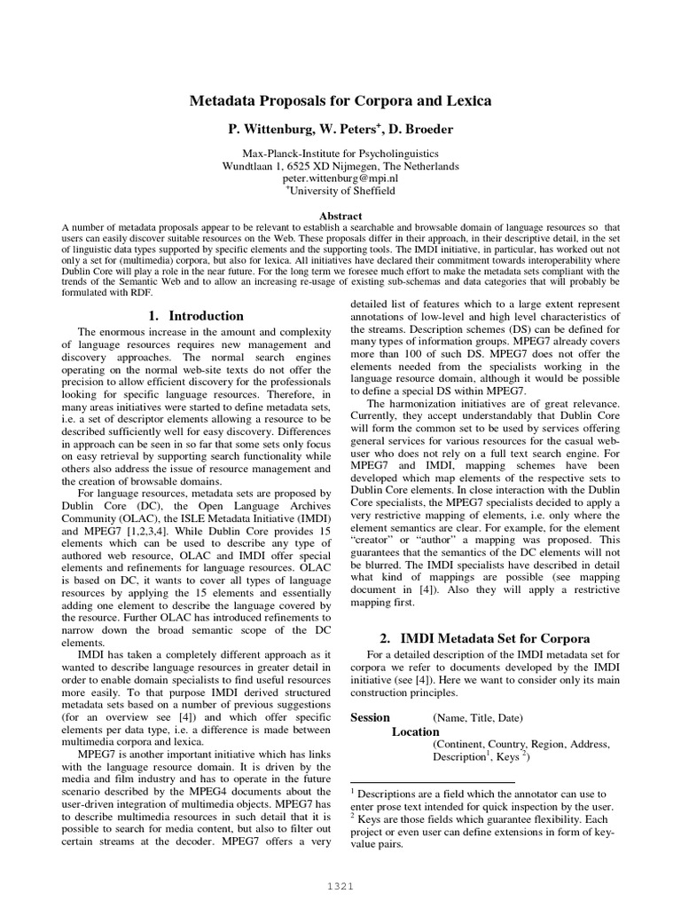 Metadata Proposals For Corpora and Lexica-LREC-2002 | PDF | Metadata | Lexicon
