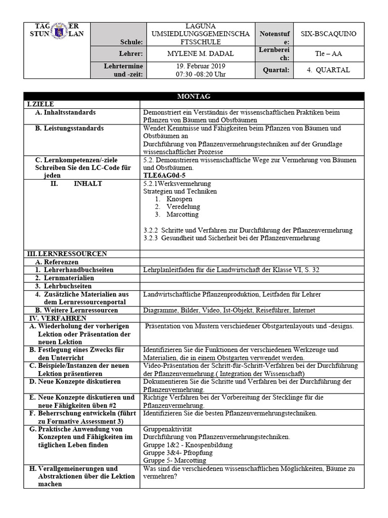 Täglicher Unterrichtsplan Tle | PDF