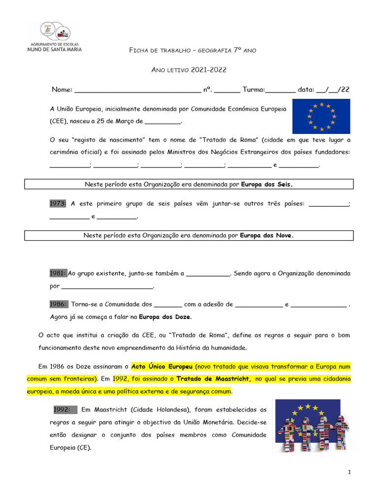 Ficha de Trabalho da U.E | PDF | União Europeia | Euro