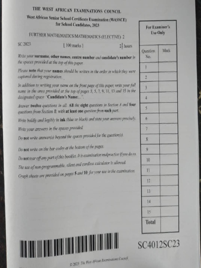 Waec 2023 Elective Maths 02 | PDF