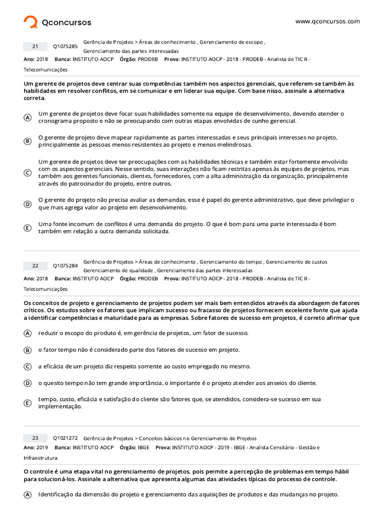 Questões de Provas - Gestão de projetos- 21 a 40 | PDF | Planejamento ...