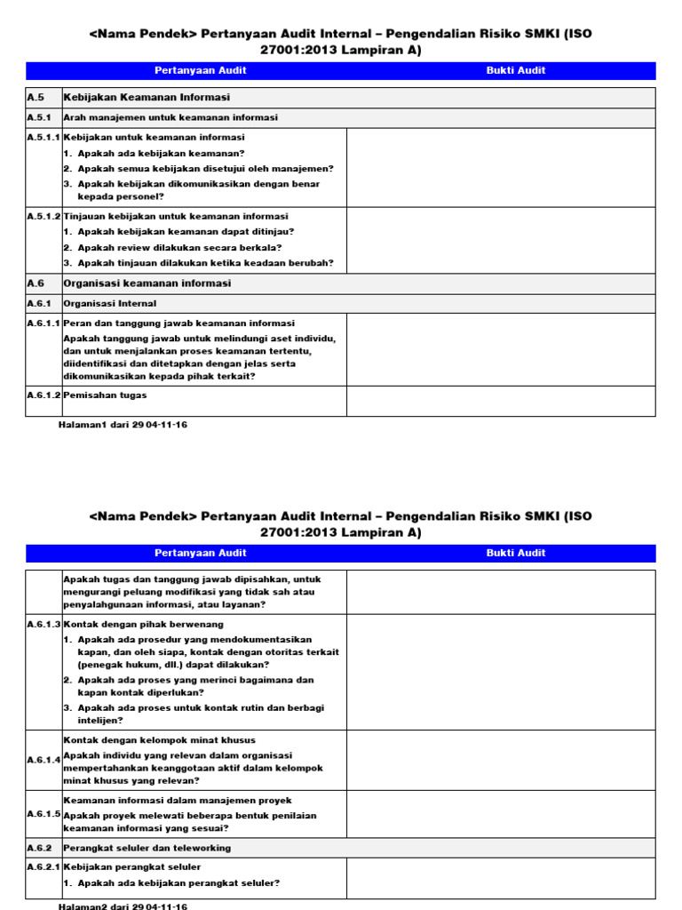 Pertanyaan Daftar Periksa Audit Internal - Kontrol IsMS | PDF