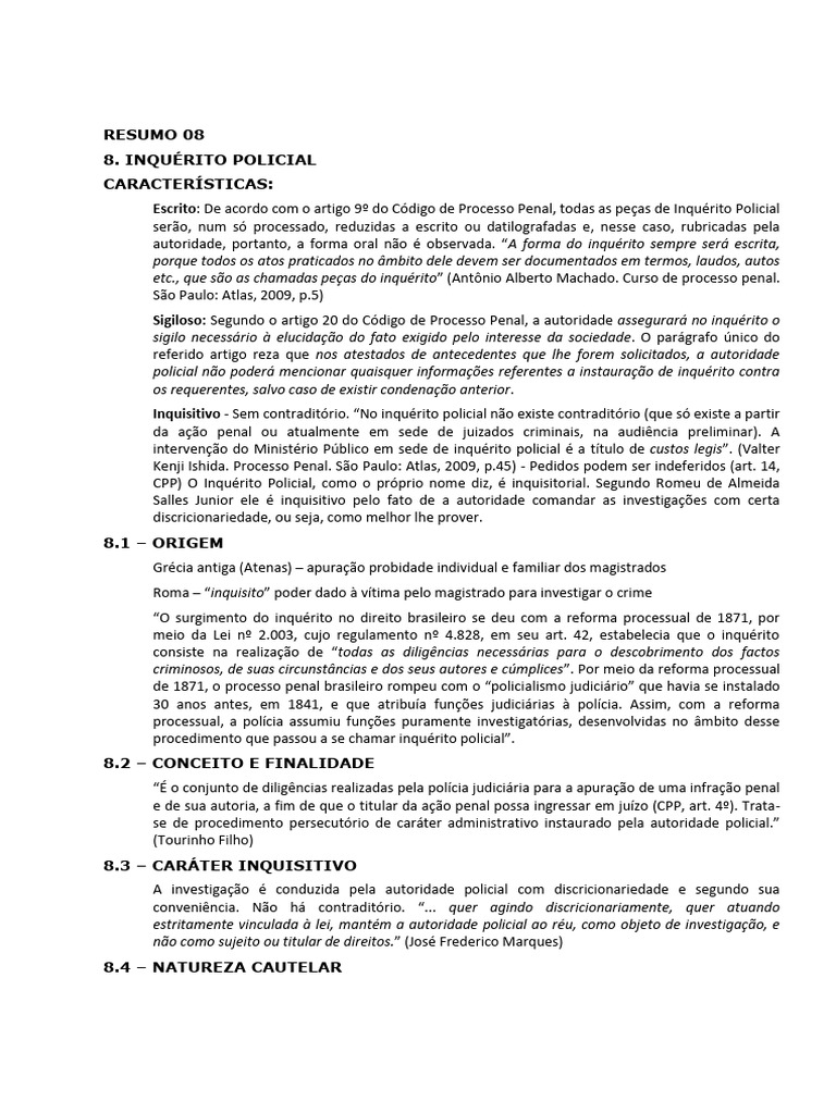 Resumo 08 Inquérito Policial | PDF | Procedimento criminal | Polícia