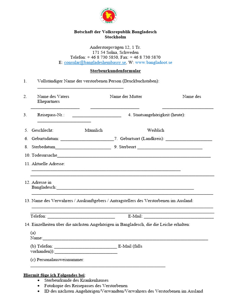 Formular Zur Sterbeurkunde | PDF