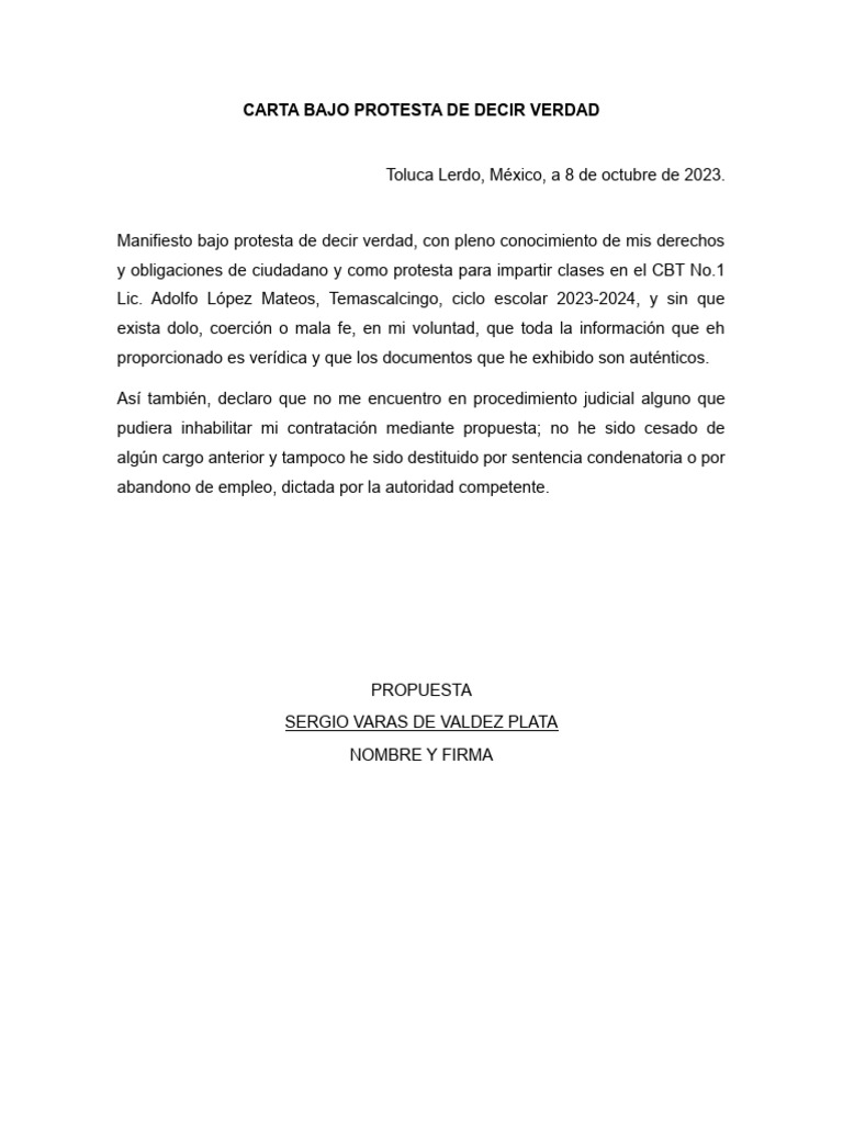 Carta Bajo Protesta de Decir Verdad | PDF