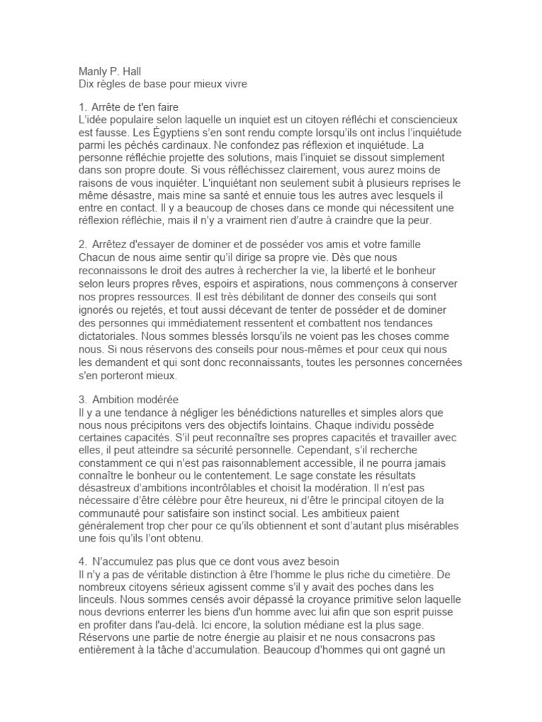 Manley P Hall-Dix Règles de Base Pour Mieux Vivre | PDF | Développement ...