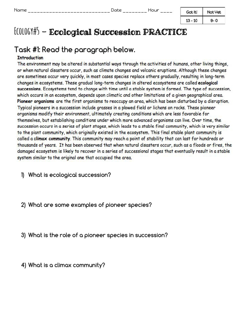 Ecological Succession Practice Worksheet | PDF
