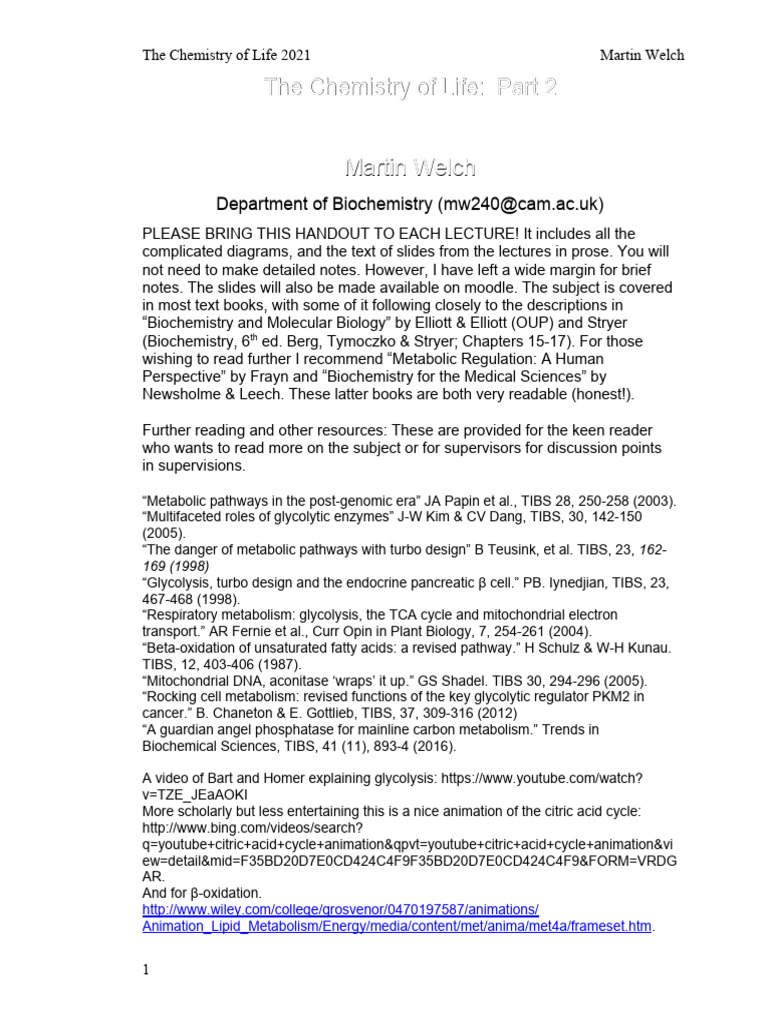 Martin Welch HandoutforChemistryofLife 2022 | PDF