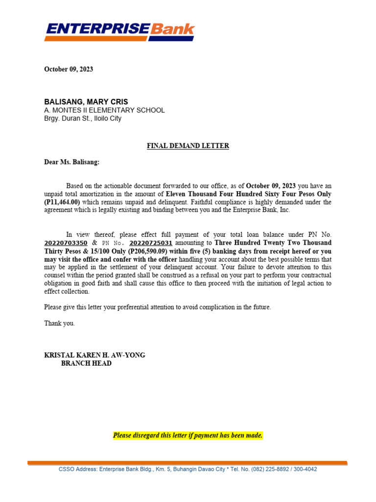 3rd Collection Notice - Lawyer's Letter | PDF