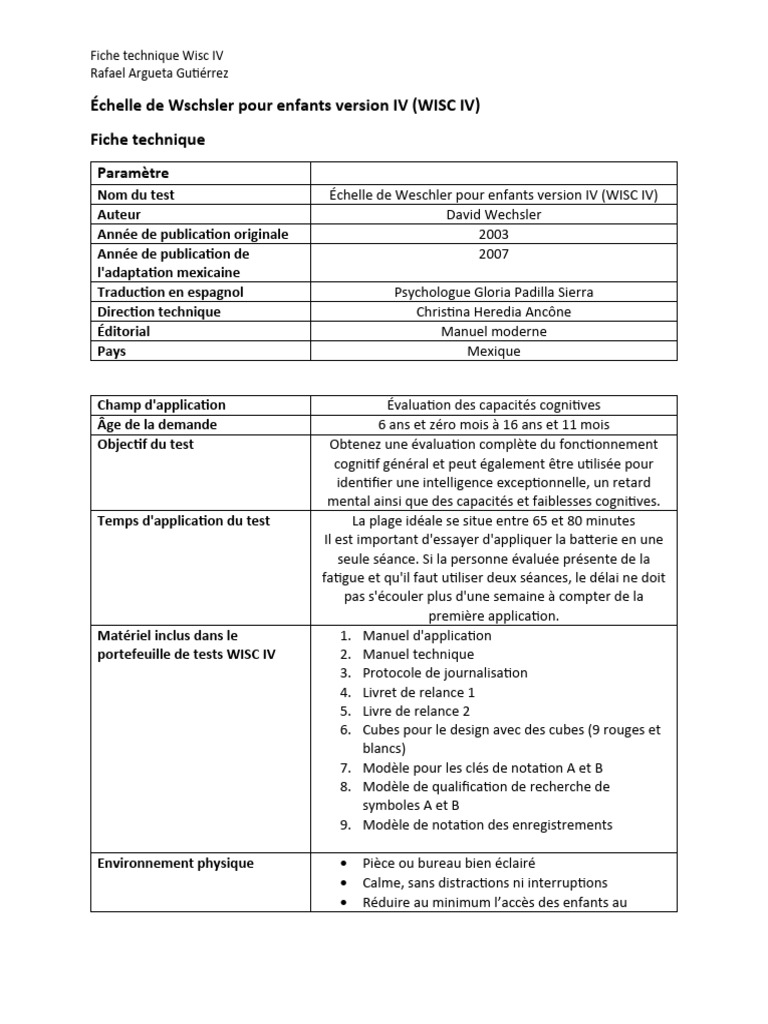 Fiche technique du WISC IV | PDF | Cognition