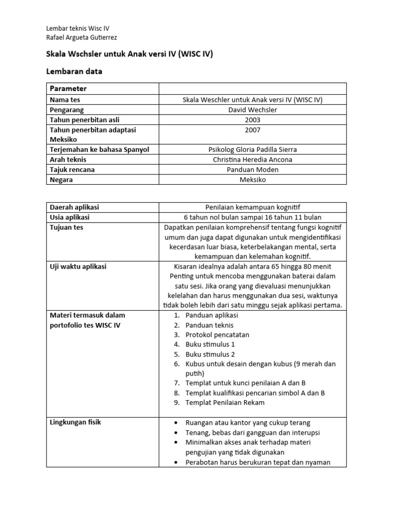 Lembar Teknis Wisc IV | PDF