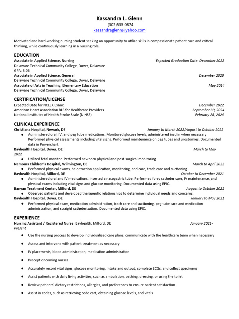 Kassandra Glenns Resume | PDF | Nursing | Patient