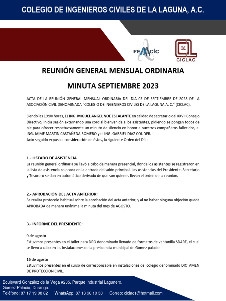 Minuta Septiembre 2023 | PDF | Hogar, jardinería y bricolaje | Ciencia ...