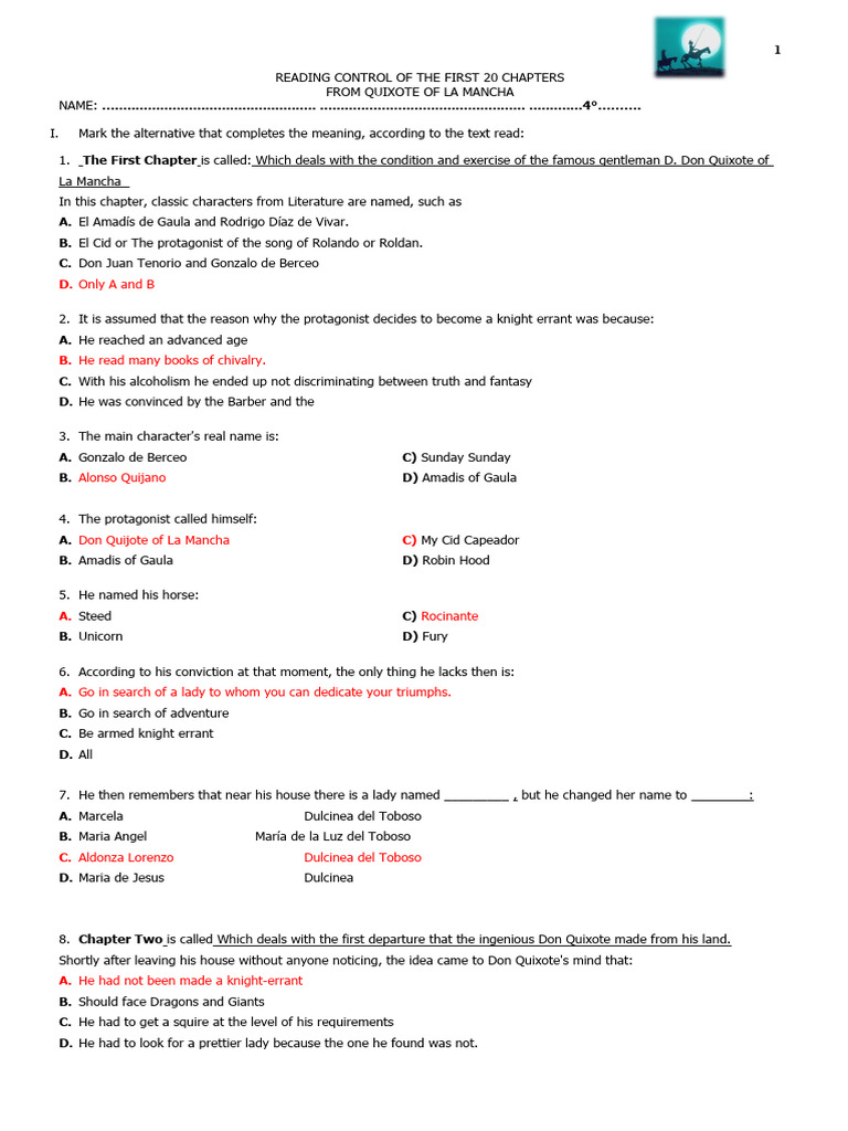 Quixote Test With Alternatives and Answers 20 Chapters | PDF | Don Quixote