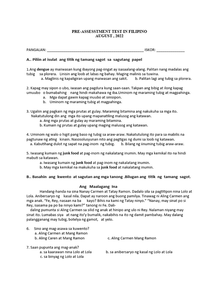 Pre Test - Filipino 2 | PDF