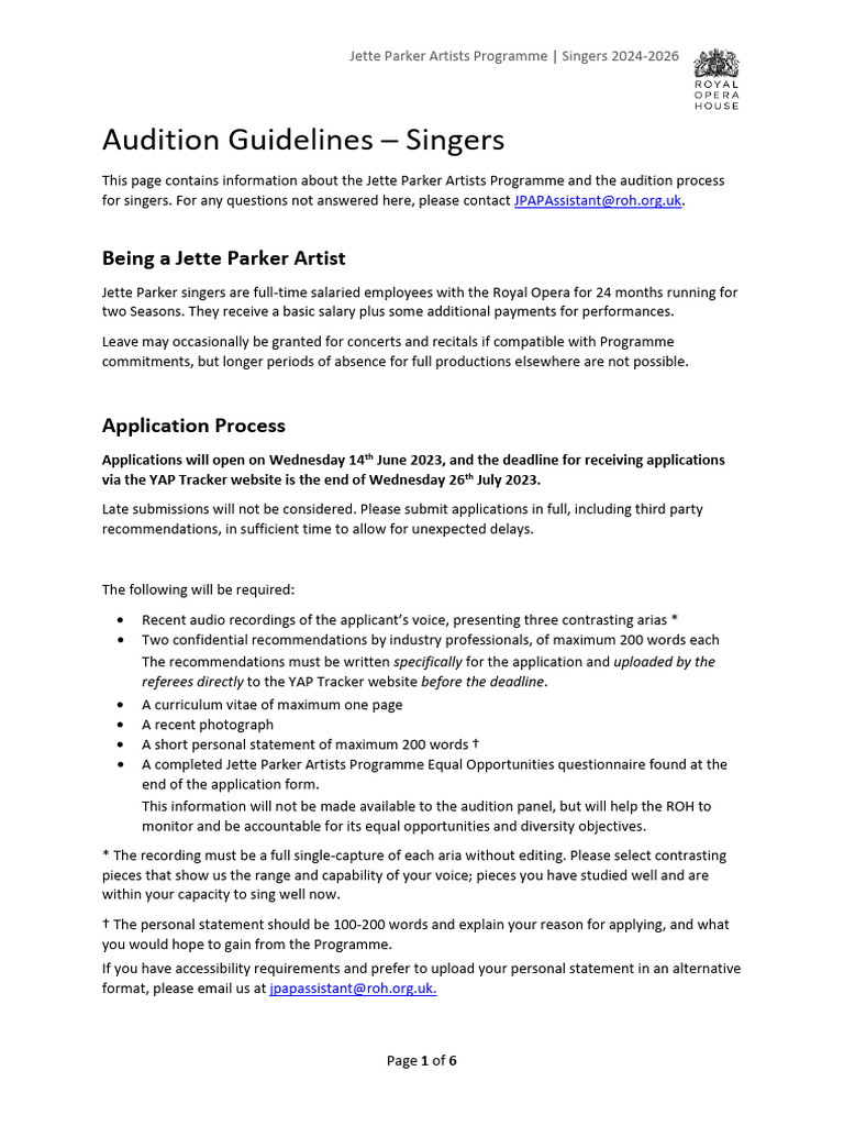2024-2026 Jette Parker Artist Singer Audition Guidelines | PDF ...