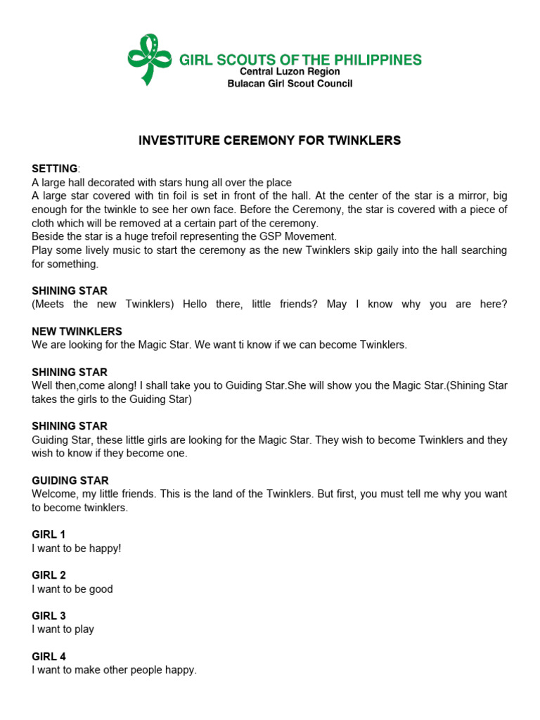 Twinkler Investiture Ceremony Script | PDF