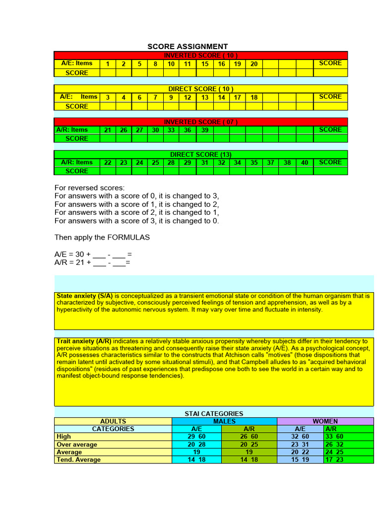 Stai Questionnaire Score Correction | PDF | Anxiety | Psychology