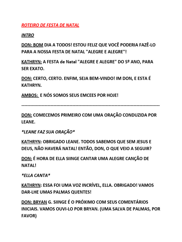 Roteiro da Festa de Natal 5º Ano | PDF | Natal